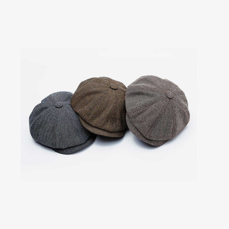 Herringbone Octagonal Flat Cap – British Literary Style Beret for Men