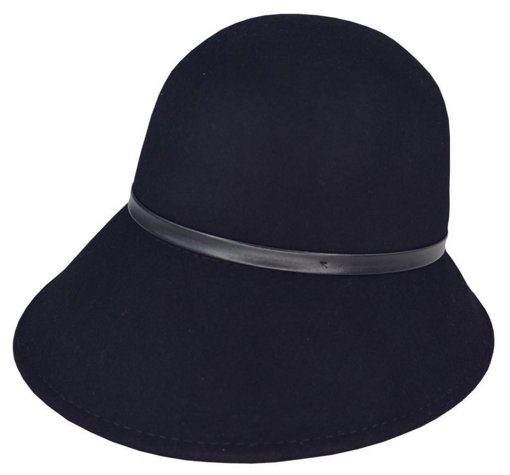 Women’s Wool Felt Cloche Hat – Classic Bell Shape with Faux Leather Ba